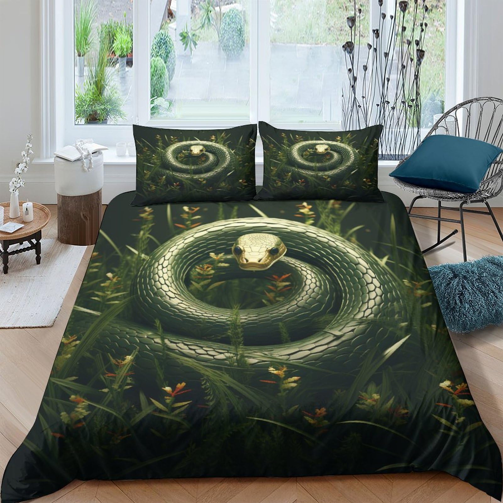 JALYKA Bedding Set 3D Print Snake Duvet Cover Set Animal Theme Comforter Cover with Pillow Shams with Zipper Microfiber 3Pcs Bedspread Cover for Kids Teens Adults Twin(173x218cm)