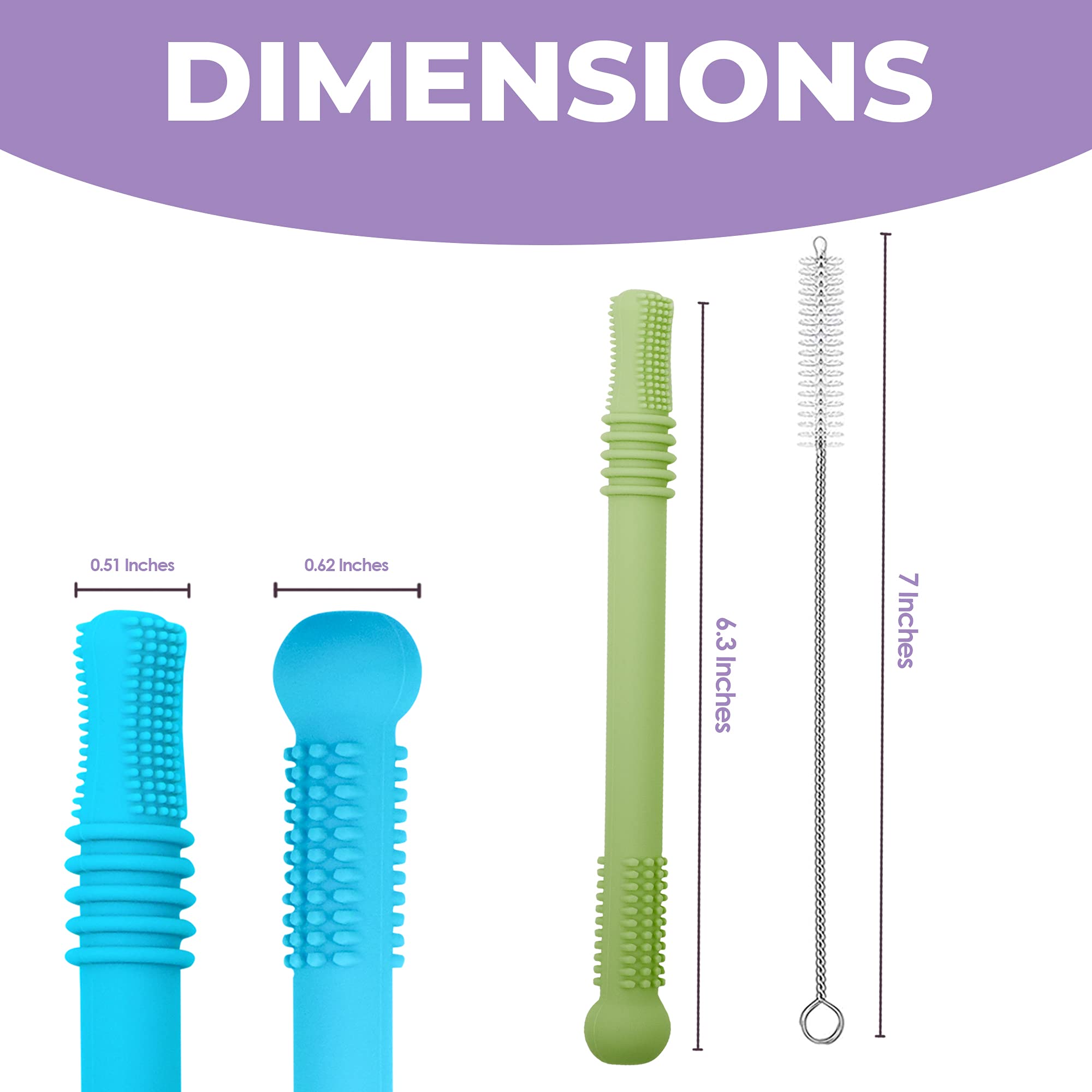 Samar Valley Teething Tubes - Pack of 4 Safe Silicone Baby Straws with Cleaning Brush and Different Surfaces/Colors for Healthy Molar Growth, Color Recognition, and Motor Control