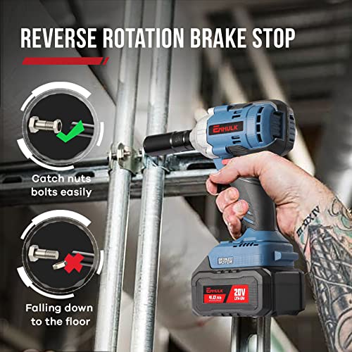 Enhulk Cordless Impact Wrench 1/2, 1/2 Impact Gun Brushless w/Max Torque 300 ft-lbs (400N.m), 20V Electric Impact Wrench with 4.0Ah Battery&Charger, Reverse Brake Stop, Variable Speed, for car repairs