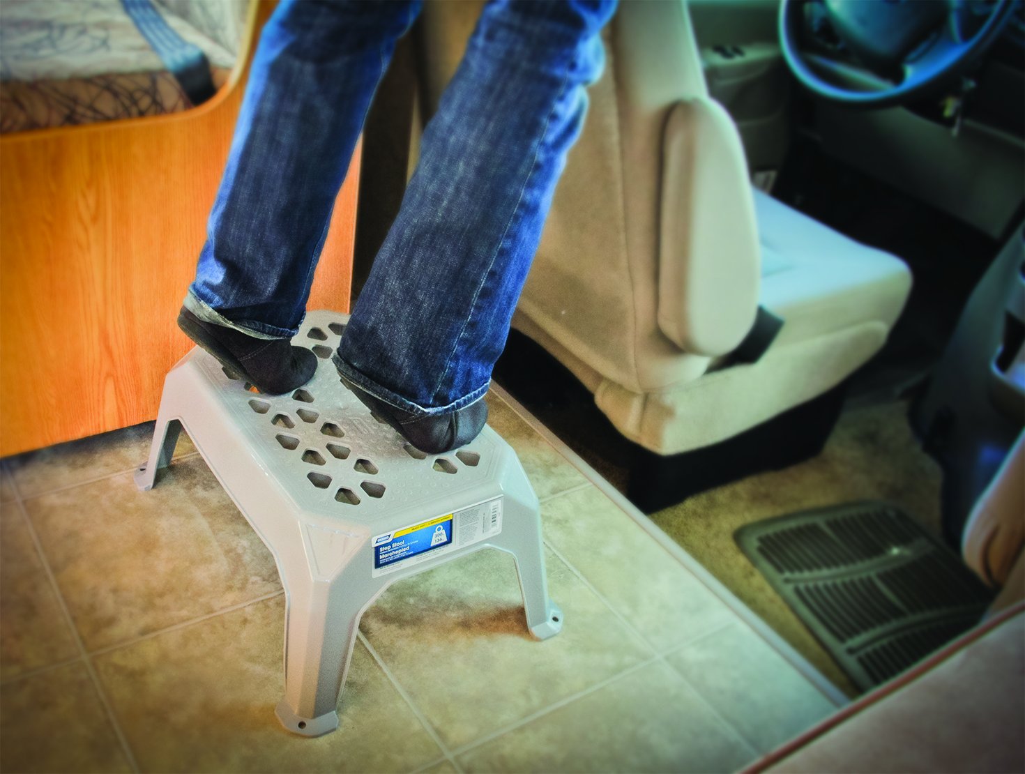 Camco Durable Step Stool - Textured Platform Surface to Help Prevent Slipping |Lightweight & Sturdy | Design Excellent for RVs, Trailers, Trucks| 300 lb. Capacity | 21" x 15" x 9" - Gray (43460),Small (21055)