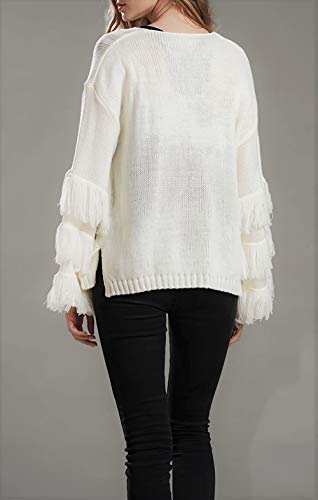 HZSONNE Women's Casual V Neck Tassel Bell Long Sleeve Boho Loose Kimono Cable Knit Pullover Sweater Jumper Tops (White, Large)