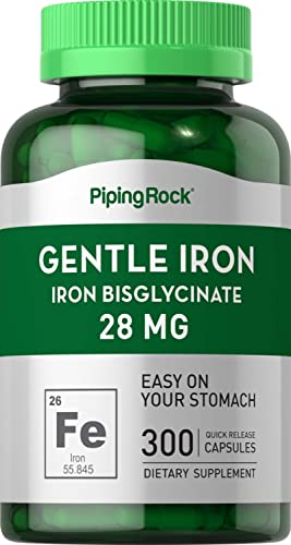 Gentle Iron 28 mg | 300 Capsules | Iron Bisglycinate | Easy on Stomach | Non-GMO, Gluten Free Supplement | by Piping Rock.