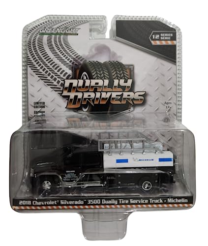 Greenlight 46120-C Dually Drivers Series 12-2018 Chevy Silverado 3500 Dually Tire Service Truck - Mich elin “The Tire Professionals” 24 Hour Service 1/64 Scale Diecast