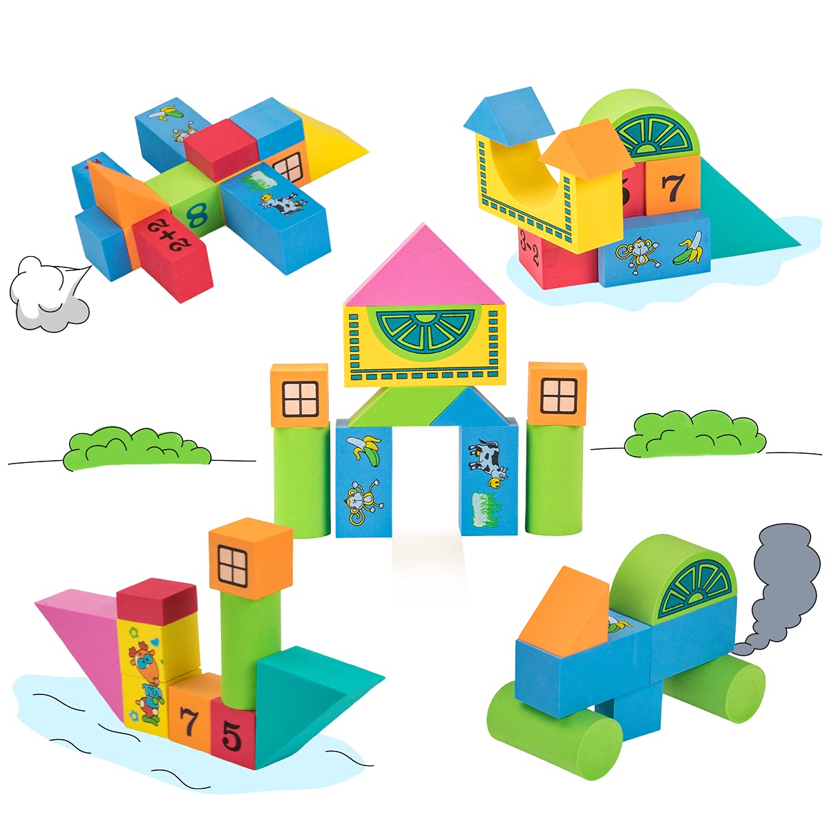 UNIH Foam Building Blocks for Toddler Toy 1-3, Soft Blocks with Number & Cartoon, Colorful Stackable Blocks Toddler Toys for 1 2 3 Year Old Boys Girls Gift