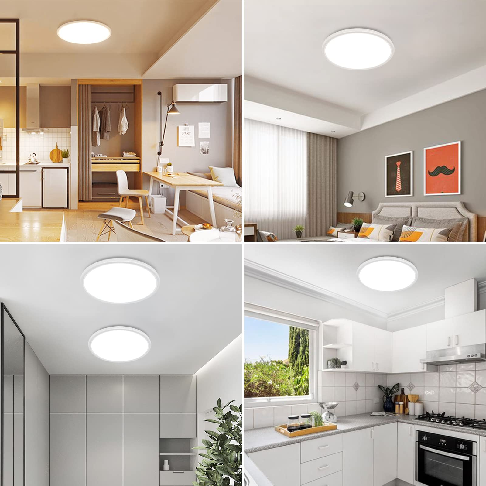 BrightHome 250W Equivalent 12in LED Flush Mount Ceiling Light Fixtures 24W, 3000K/4000K/6500K Adjustable, Slim Dimmable Ceiling Lamps, 2400LM Modern Round Flat Lights for Kitchen Hallway White 2 Packs