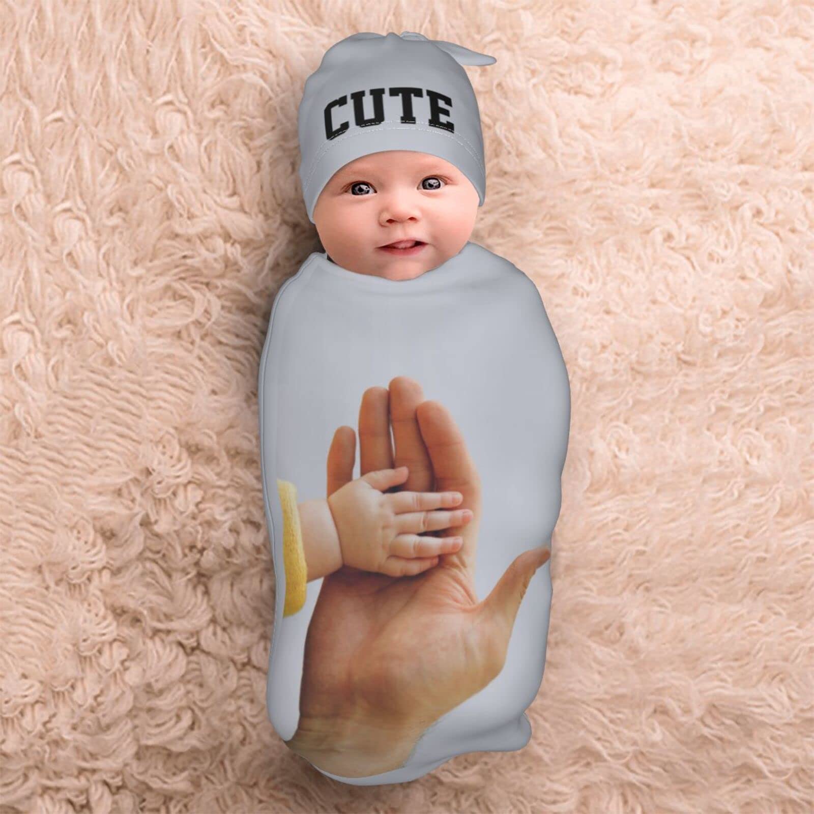 Custom Baby Blanket and Hat Personalized Newborn Infant Swaddle Blanket with Photo Picture Text Name Customize Sleep Sack Baby Gift