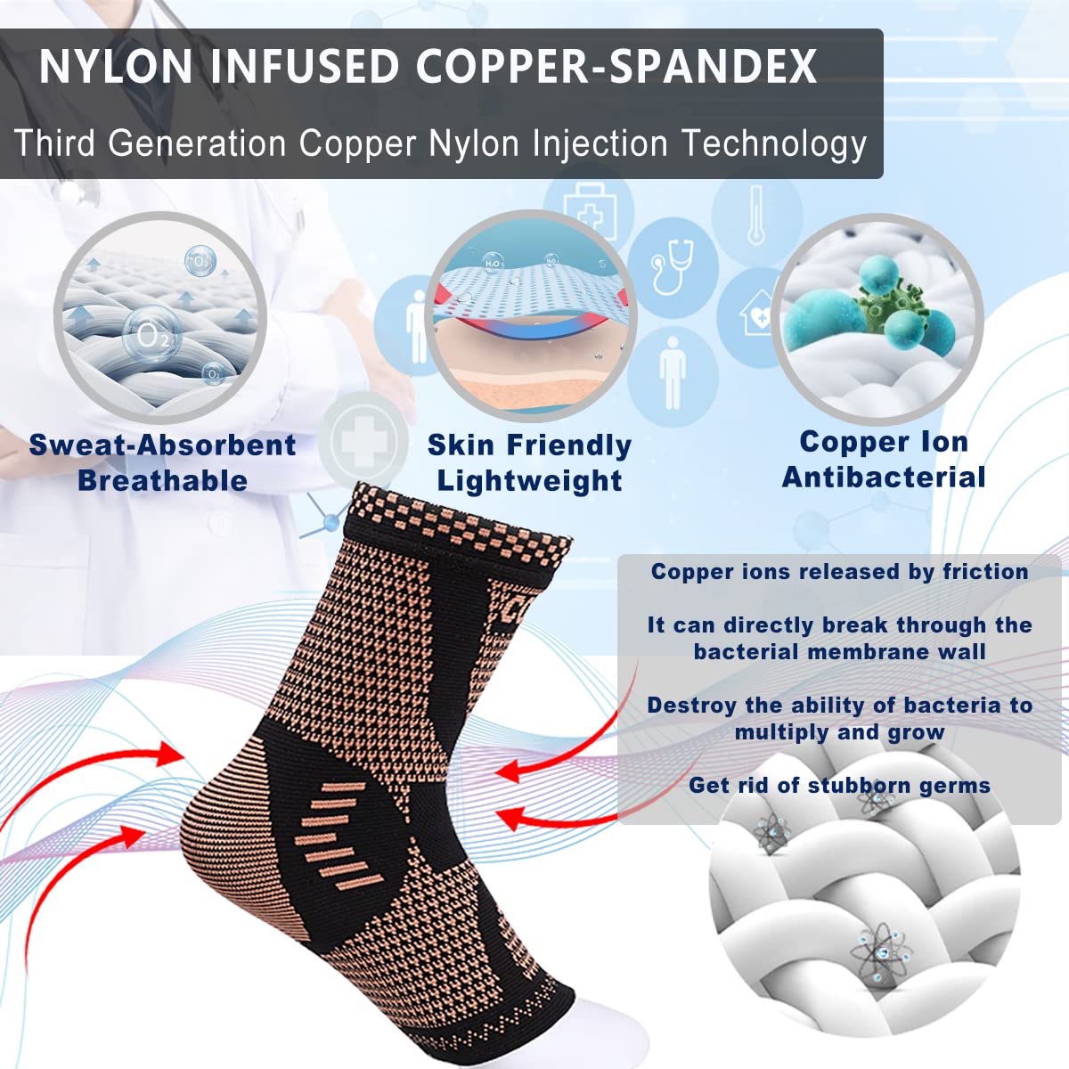 Copper Ankle Brace, Copper Infused Ankle Support Compression Sleeve for Men & Women, for Foot Pain Relief, Plantar Fasciitis, Sprained Ankle, Achilles Tendonitis,Recovery, Daytime or Night Use(L)