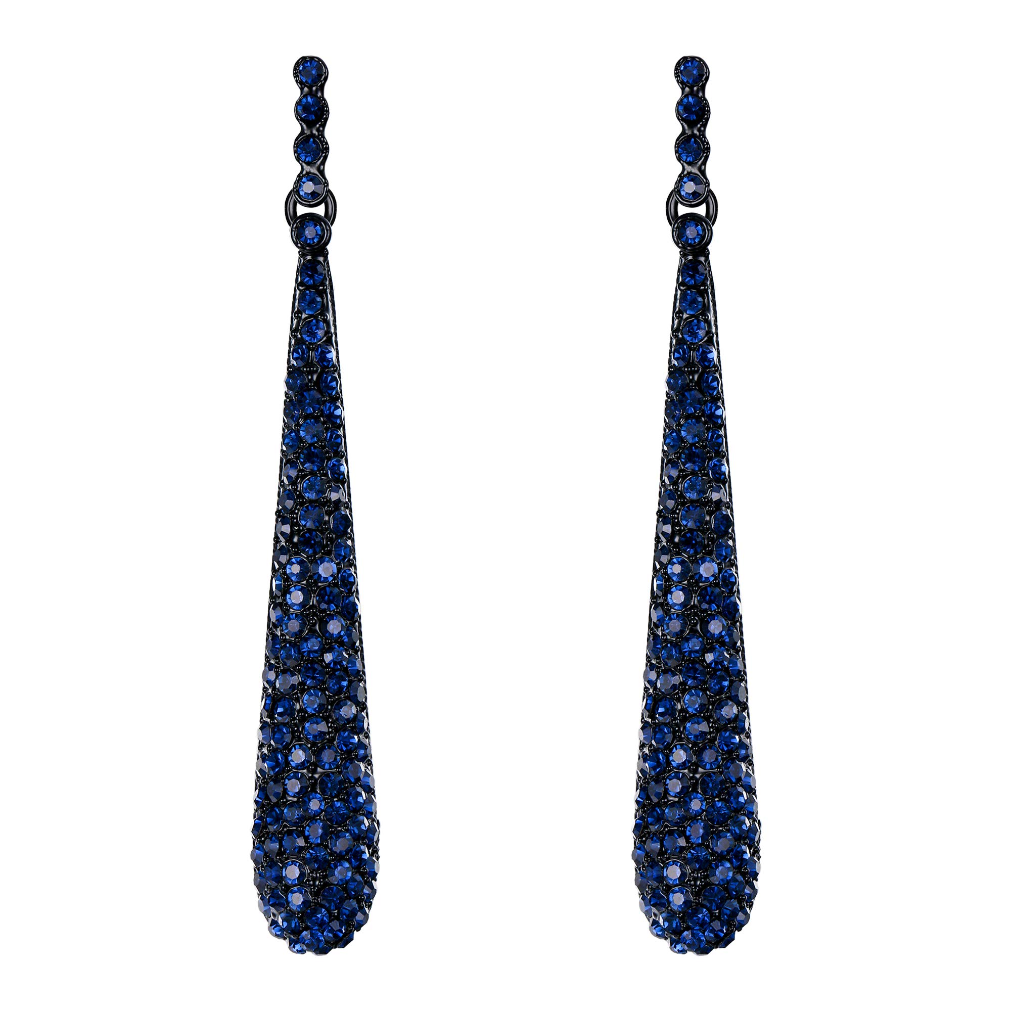 BriLove Wedding Bridal Elegant Crystal Beaded Teardrop Long Dangle Earrings for Women Navy Blue Black-Tone