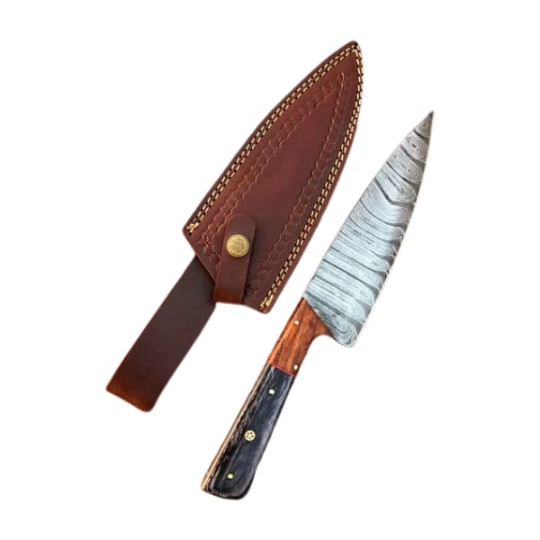 CUSTOM HANDMADE DAMASCUS STEEL CHEF KNIFE KITCHEN KNIFE W/ WOOD HANDLE WITH LEATHER SHEATH, Black, 12.5 Inches