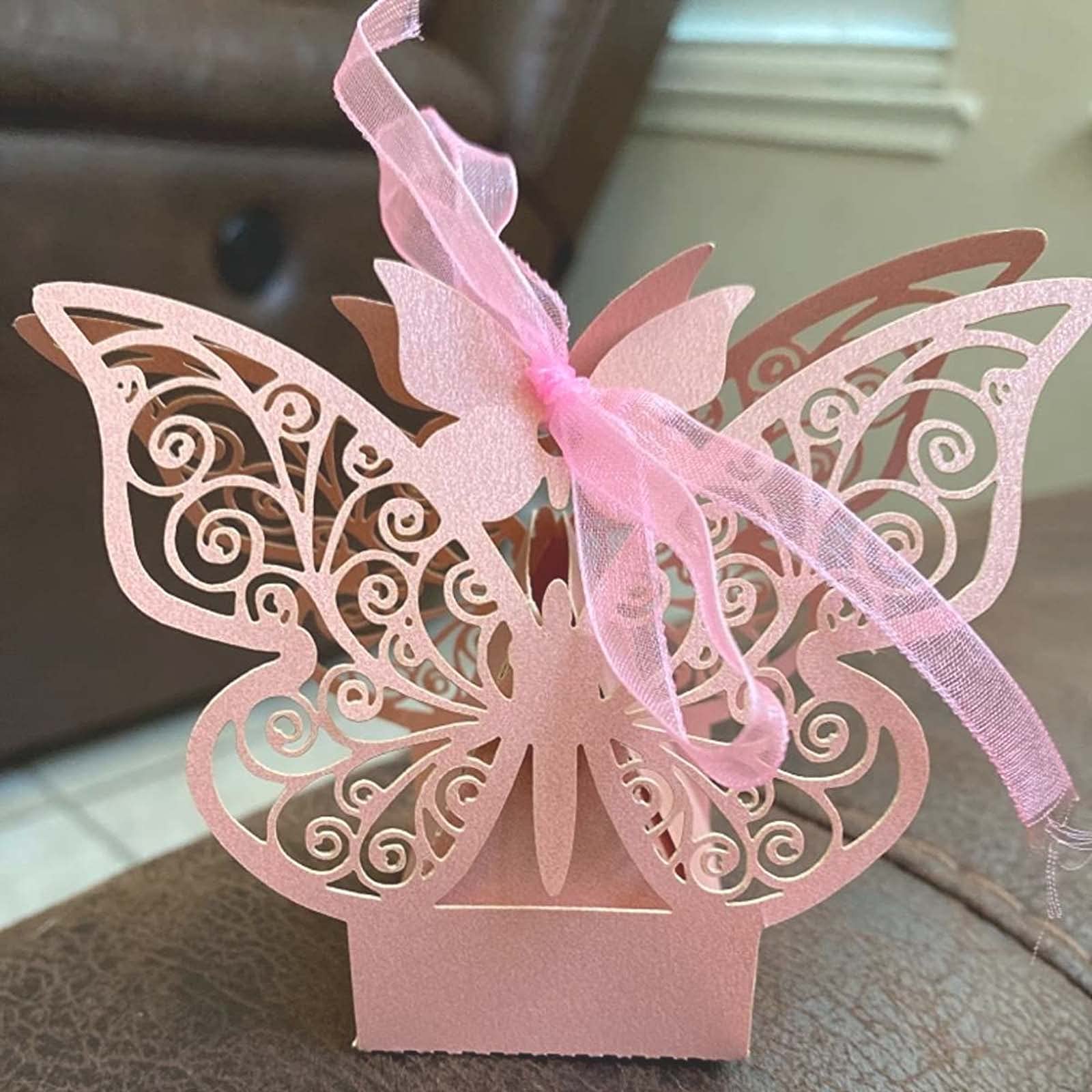 JANOU 24pcs Butterfly Candy Boxes Laser Cut DIY Paper Box with Ribbons for Wedding Bridal Birthday Baby Shower Party Suppliers (Pink)