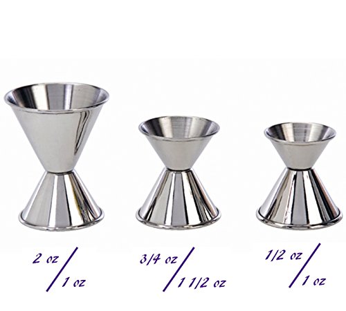 Set of 3 Stainless Steel Double Jiggers 1 & 2 oz, 3/4 & 1 1/2 oz, 1/2 & 1 Oz Bar Jiggers, Cocktail Measuring Liquor Jiggers Pony, Bar Accessories