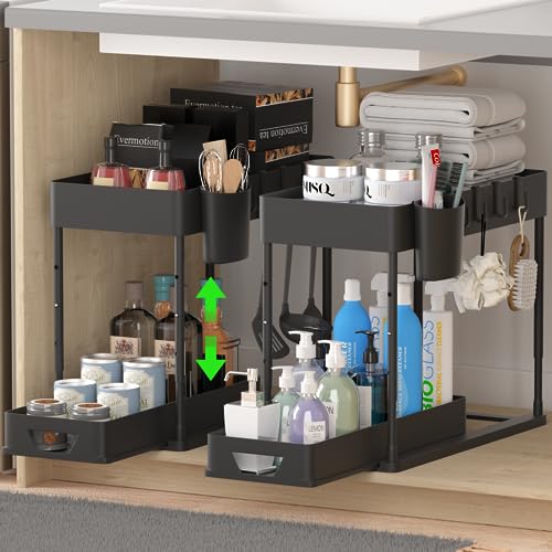 HI NINGER 2 Pack Adjustable Height Under Sink Organizers and Storage, 2Tier Bathroom Organizer Under Sink,Multifunction Kitchen Under Sink Organizer with 8 Hooks and 2 Hanging Cups and16Non-slip mat