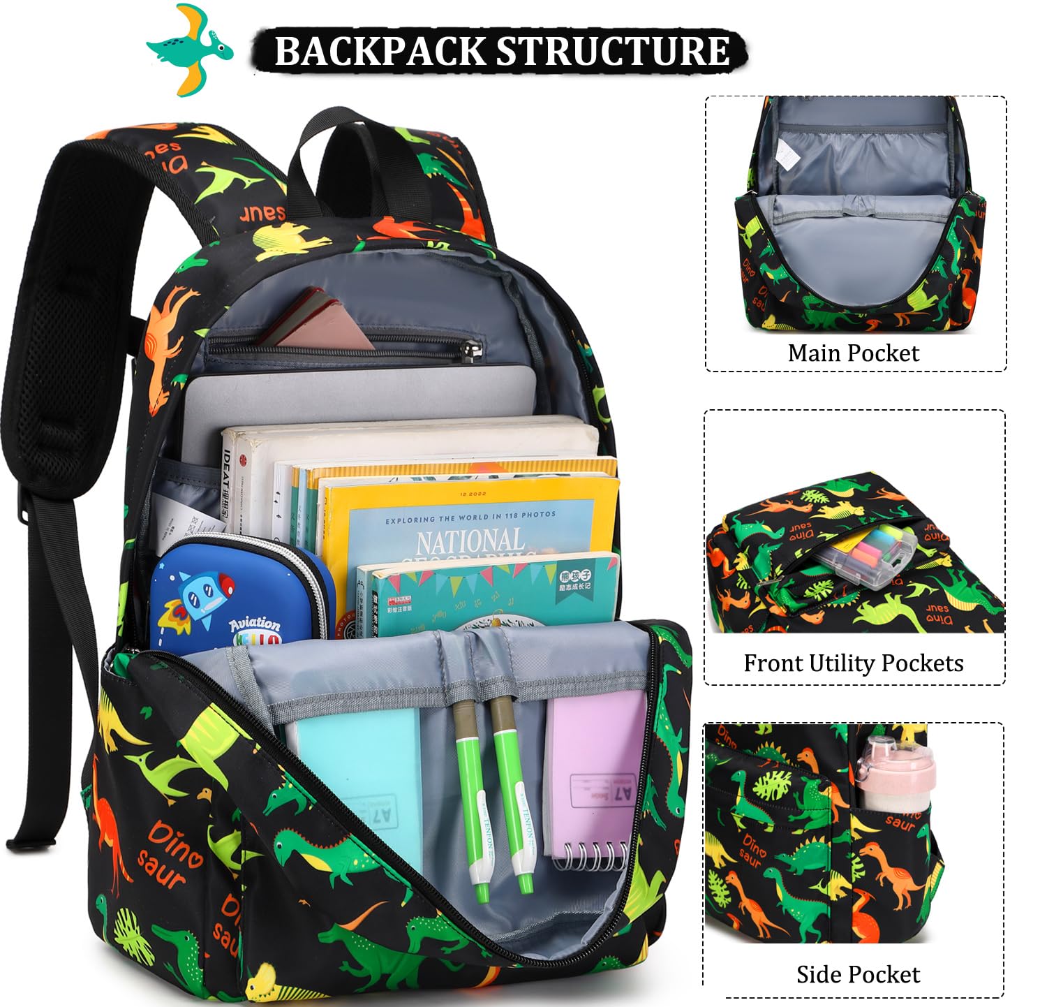 Boys Backpack Dinosaur Backpack for Boys Kids Dinosaur Backpack with Chest Strap Kindergarten School Bookbag Set with Lunch Box Pencil Case