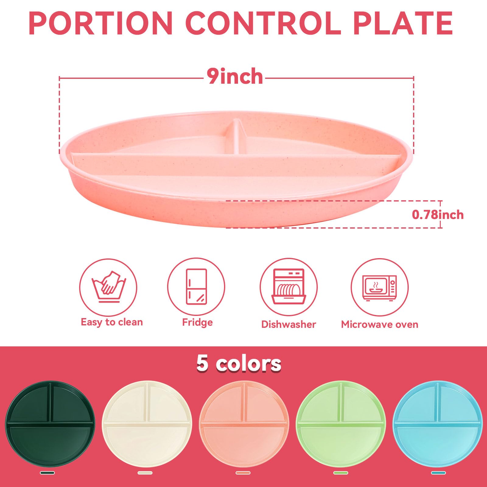 DYB DONGYONGBAO Portion Control Plate For Weight loss 9Inch 5PS, Reusable Wheat Straw Round Plastic Divided Dinner Plates, Microwave And Dishwasher Safe, Suitable For Kids And Adults