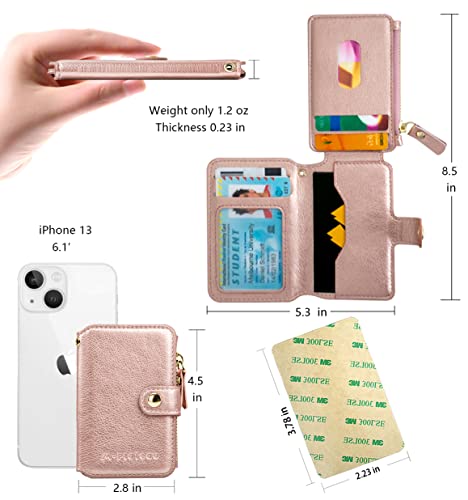 M-Plateau Phone Wallet, PU Leather Card Holder with Zipper Coin Pocket Compatible with iPhone 14 and iPhone Case for Women 3M Adhesive Phone Card Holder with Magnetic Closure(Pink)