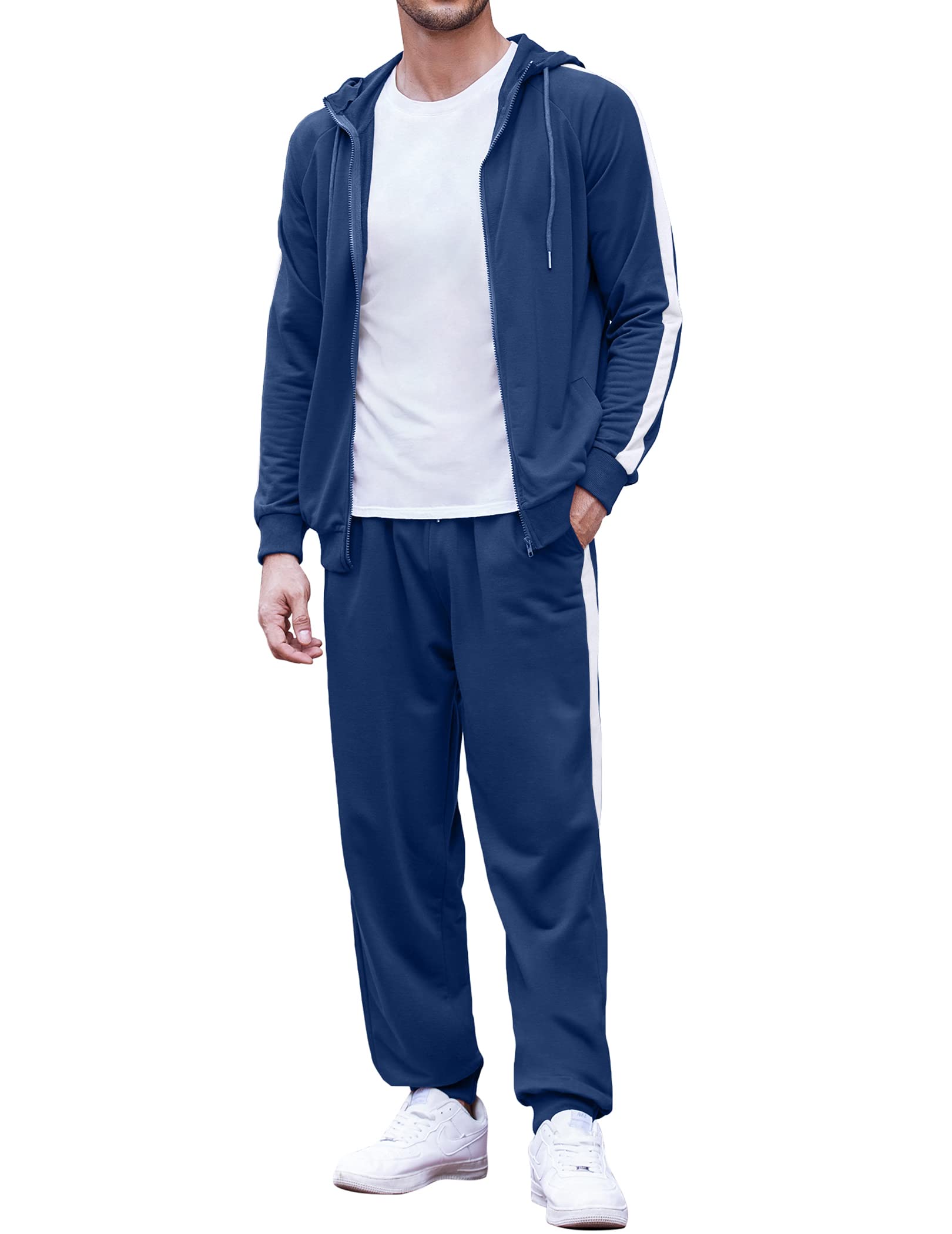 COOFANDY Men's Casual Tracksuit Set Long Sleeve Hooded Full-Zip Warm Sports Suit for Spring,Autumn,Winter, Deep Sky Blue, Medium