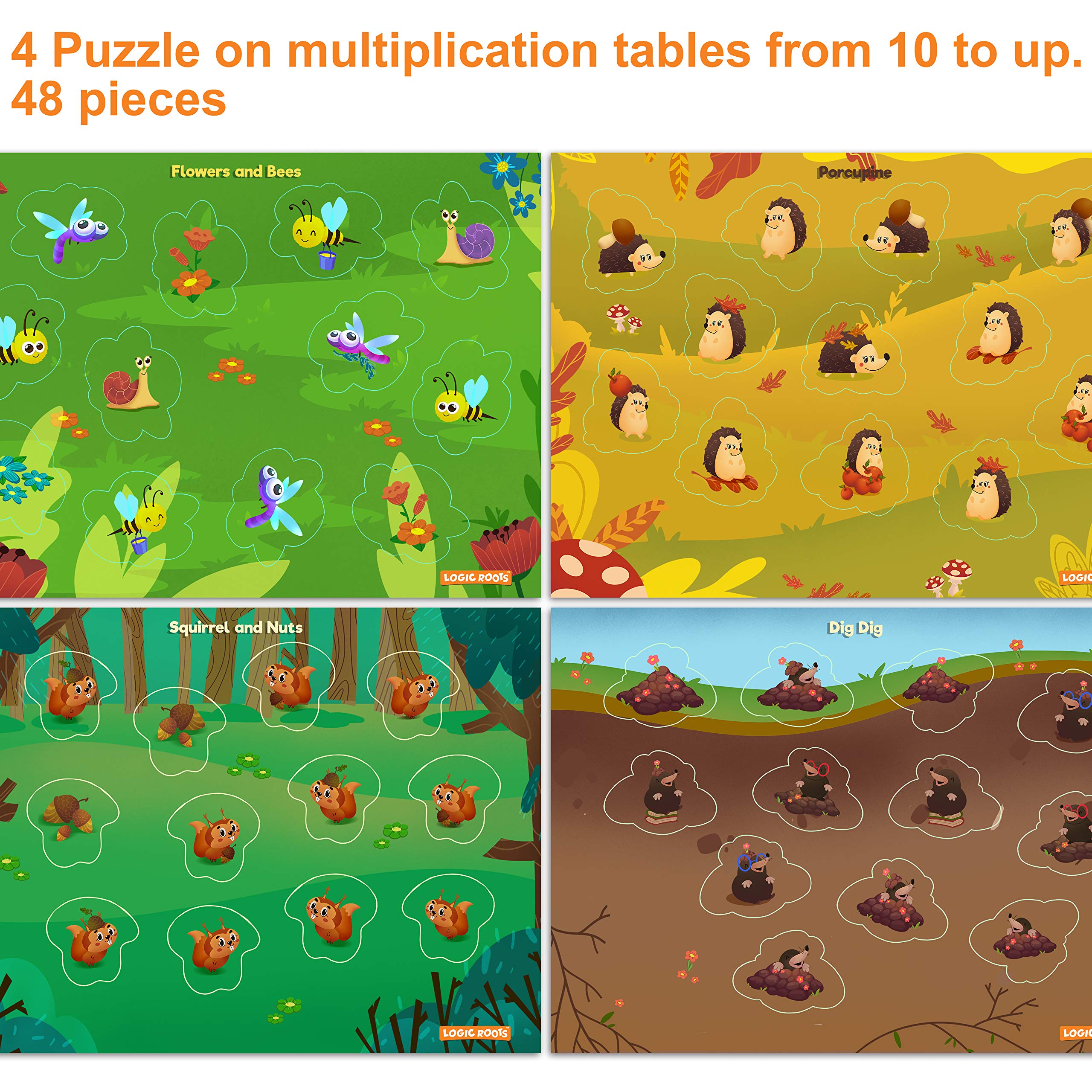 Logic Roots Math Puzzle for Kids - Multiplication Table 10-12 Practice, Fun STEM Toy for 7-8 Year Olds, 4 Foam Puzzles with 10 Pieces Each, Learning Gift for Kids, Homeschoolers, Grade 1 and Up