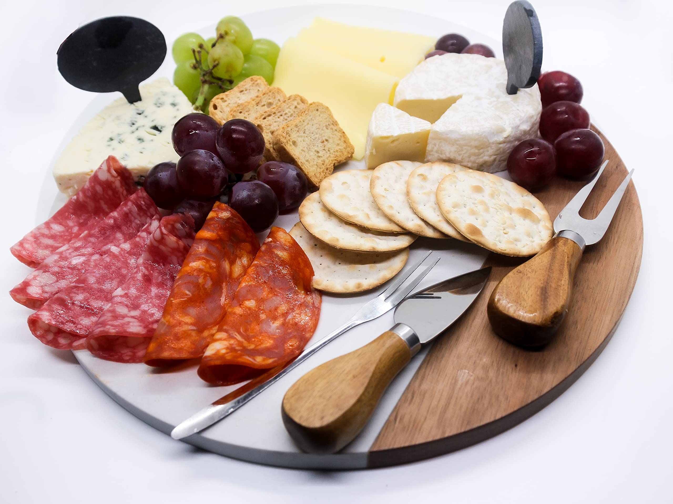 Cheffer Marble and Wood Cheese Board – Simple and Classy Round Charcuterie Boards with Cheese Knife Set, Cheese Marker, Forks – Acacia Wooden Board Serving – Sustainable Materials – 30cm