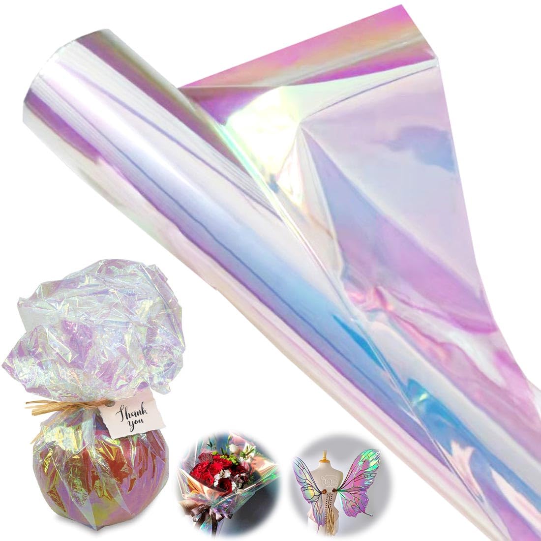 BetterJonny 32in x 50ft Iridescent Cellophane Wrap Roll, Rainbow Cellophane Roll for Gift Baskets Flower Wrapping Paper Holographic Cellophane for Gift Baskets, Crafts, Candy, Gifts, Flowers