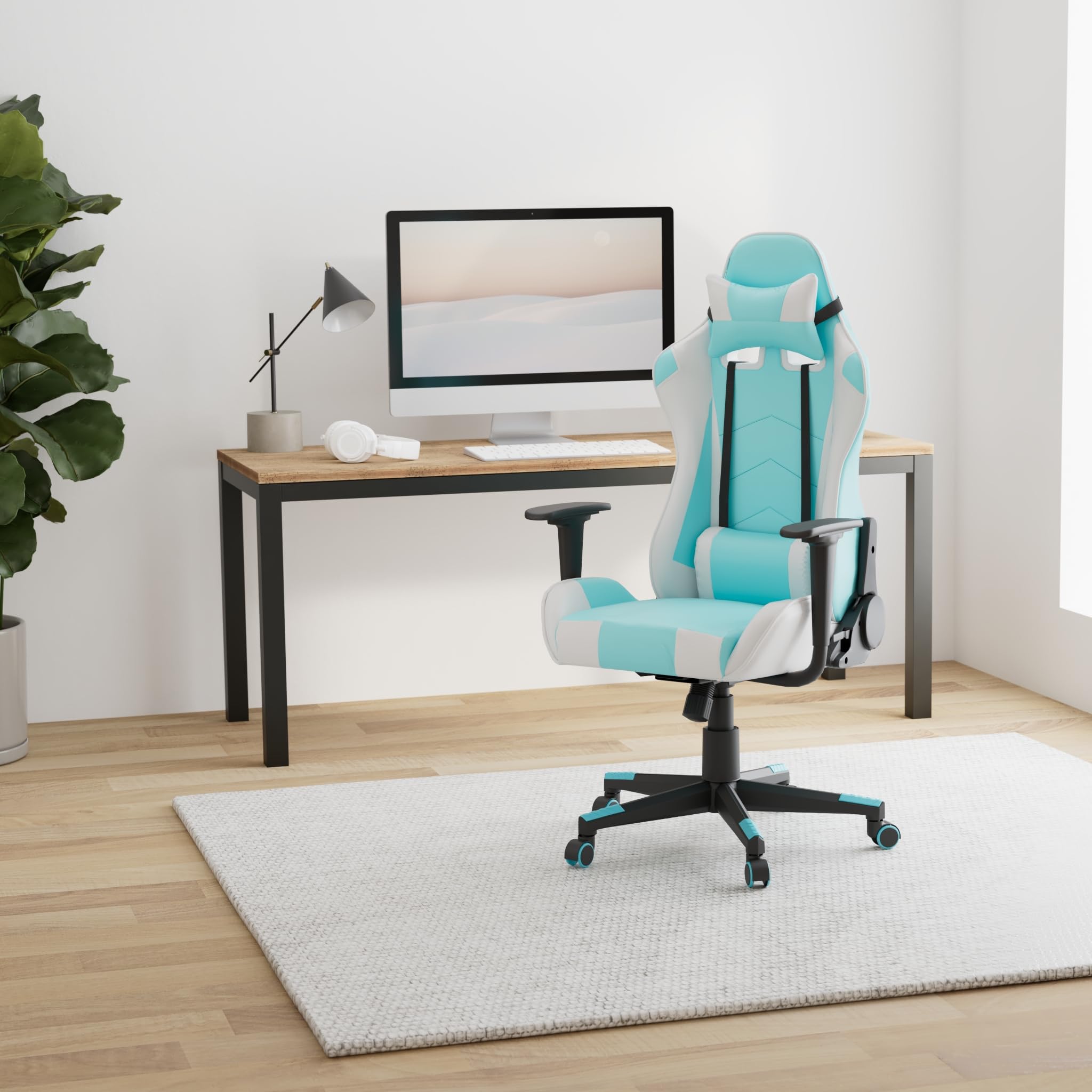 Modern-Depo High-Back Swivel Gaming Chair Recliner with Lumbar Support and Headrest, Height Adjustable Ergonomic Office Desk Chair, Blue White
