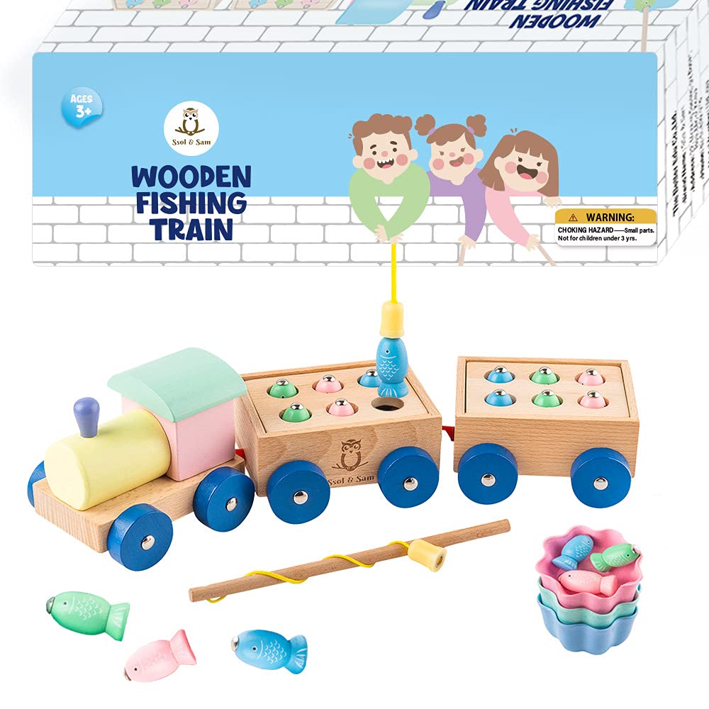 SSol & Sam Wooden Fishing Games - 2 in 1 Magnetic Fishing Toy and Toy Train - Fishing Toy & Train Toy for Toddlers and Kids Aged 3 & Up
