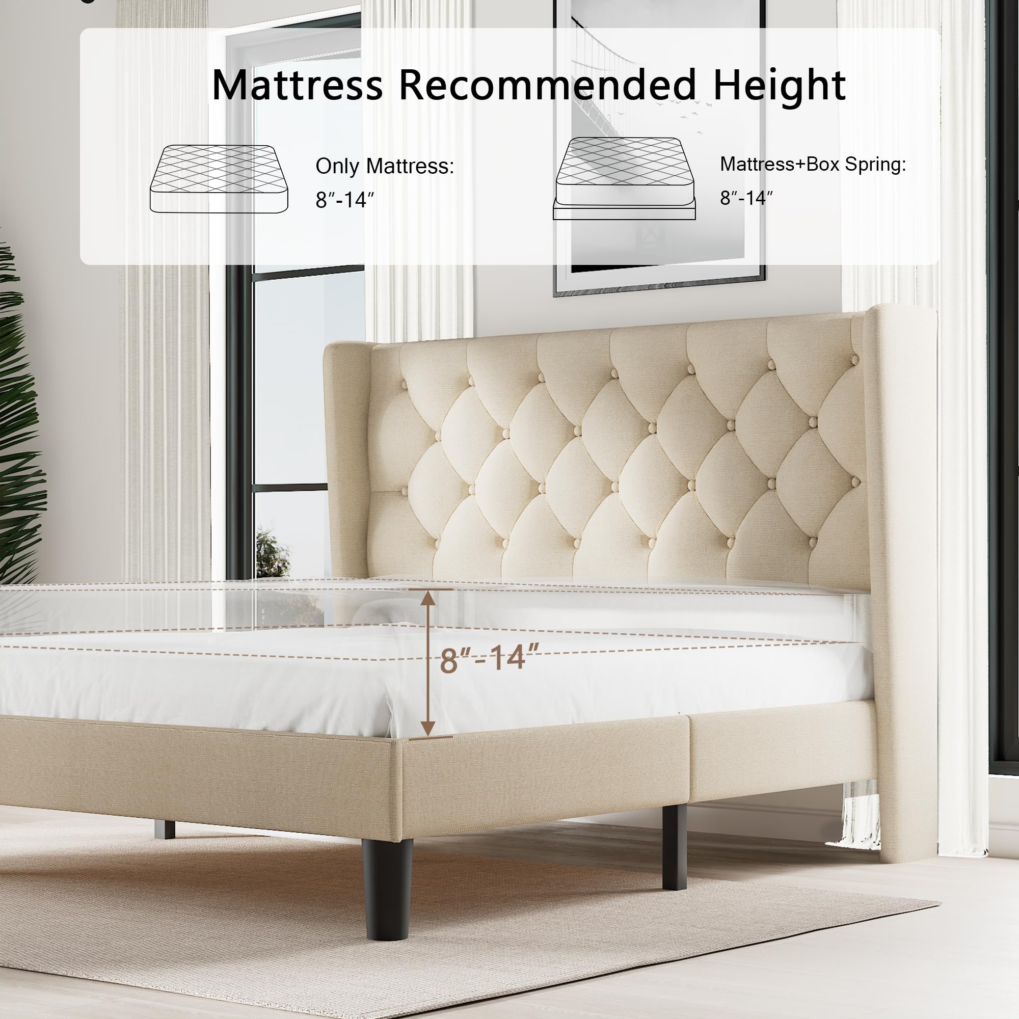Einhomn Upholstered Queen Bed Frame with Wingback Headboard, Heavy Duty Bed Frame Queen Size, 8" Under Bed Storage, No Box Spring Needed, Easy Assembly, Beige
