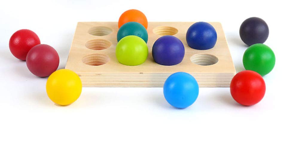moderngenic [Upgraded to 2"] Rainbow Wooden Balls with Tray, 12 Piece Sorting and Matching Educational Learning Montessori Toy for Toddlers, Bigger Balls for Safety