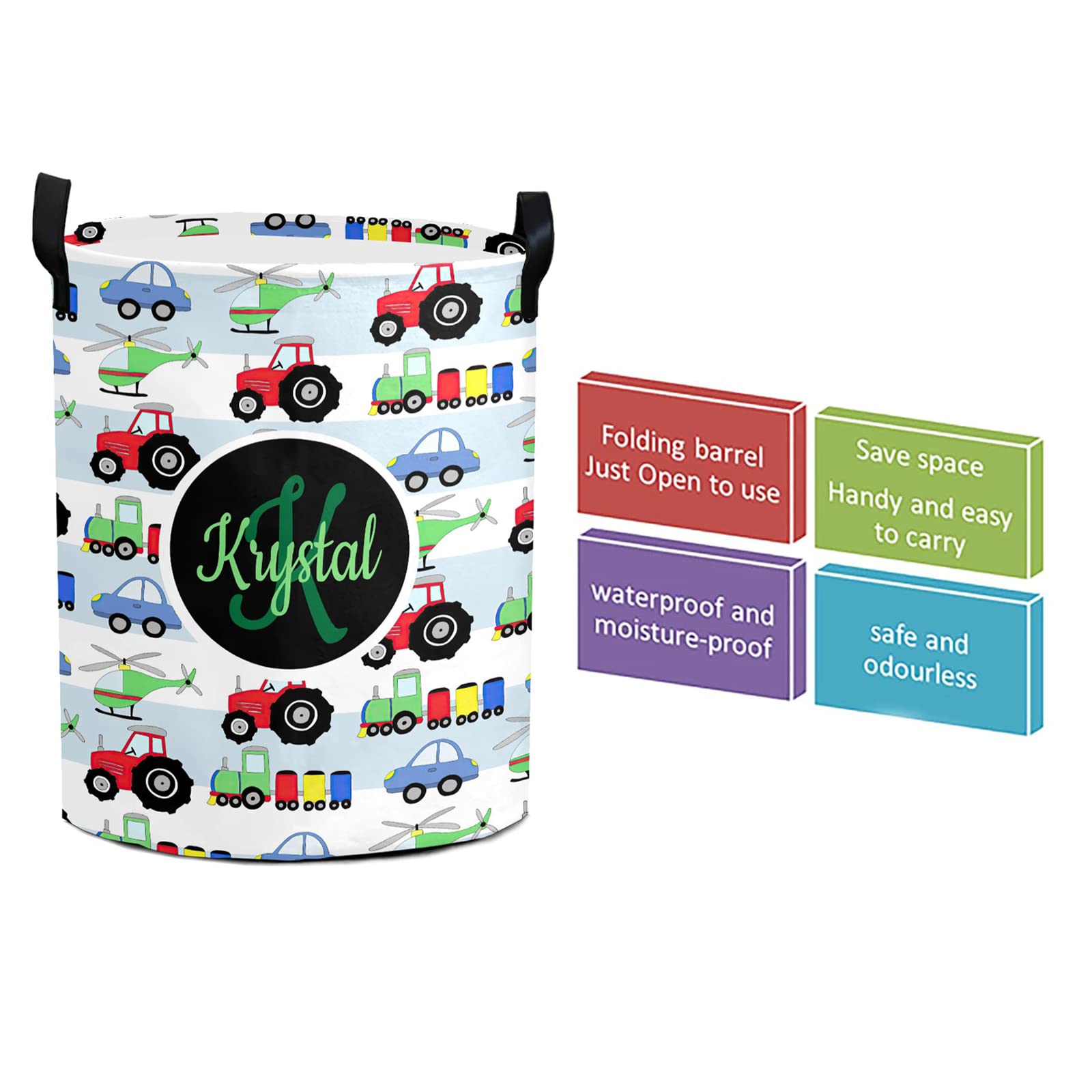 Custom Name Gray Striped Baby Elephant Storage Bin Waterproof Nursery Storage Basket with Durable Handles Dirty Clothes Hamper for Bedroom Bathroom