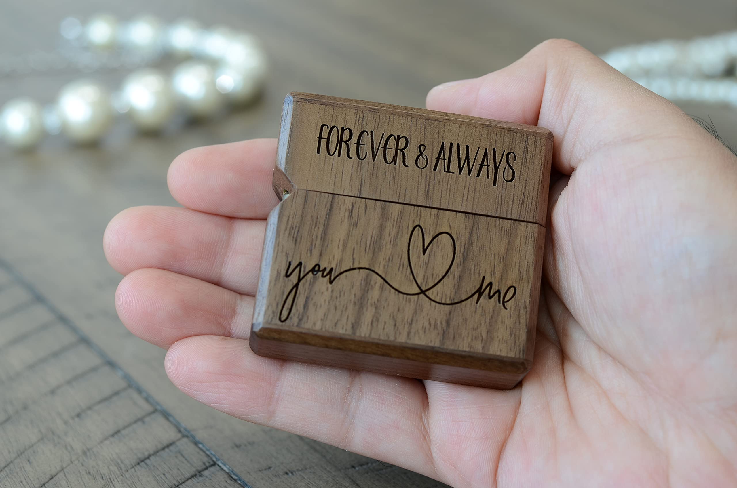 URBAN KRAFTS Engagement Ring Box for Proposal Slim Pocket Size Walnut Wooden Lighter Ring Box Engraved (Forever and Always You and Me)