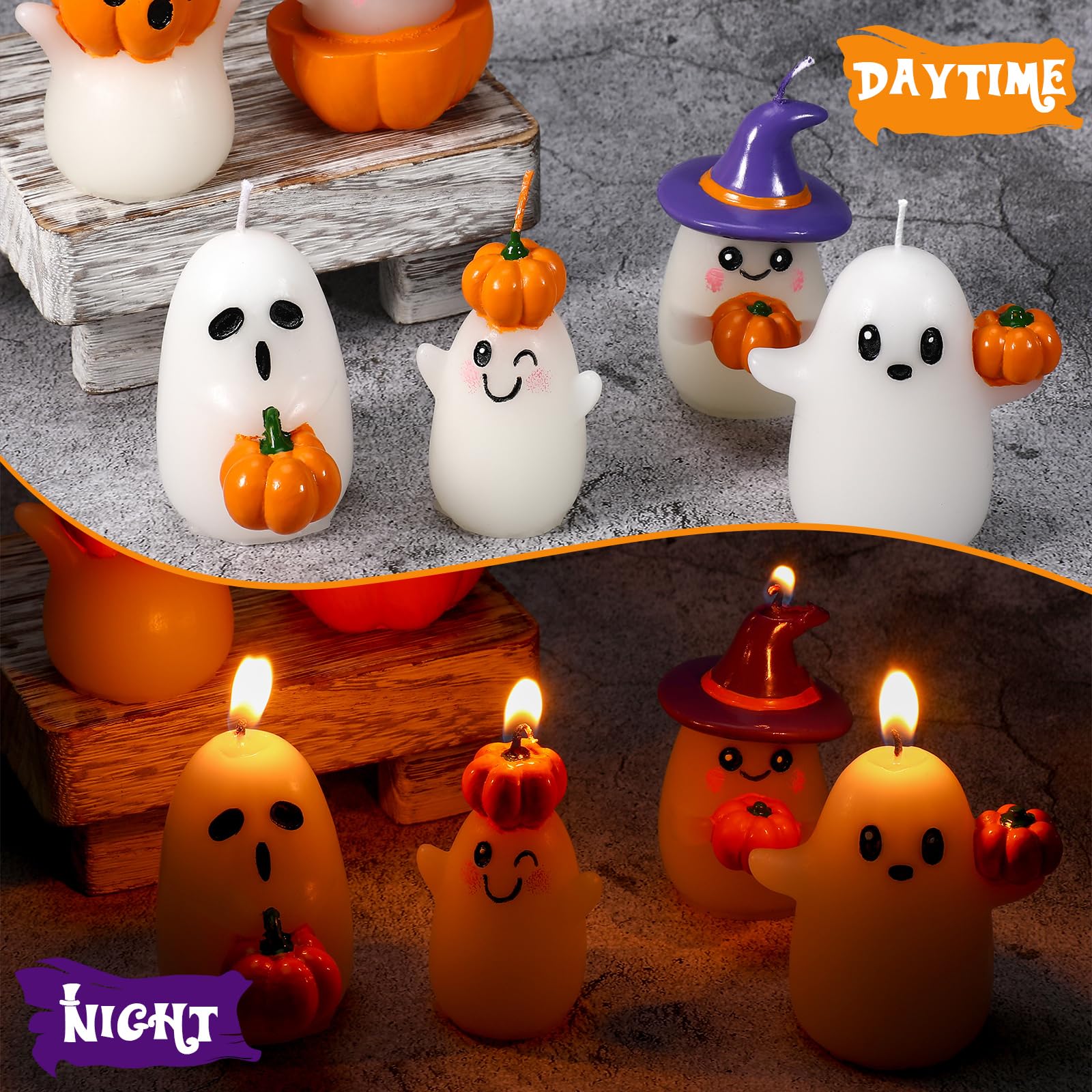 Conelist 6 Pcs Halloween Ghost with Pumpkins Candles Cute Ghost Shaped Halloween Decoration Candles Halloween Spooky Candles for Home Halloween Party Room Table Decorations
