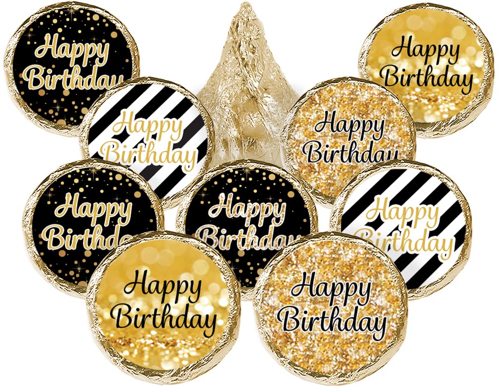 Happy Birthday Party Favor Labels Chocolate Kisses Candy Stickers - Black and Gold - 0.75 in. Round - 180 Stickers