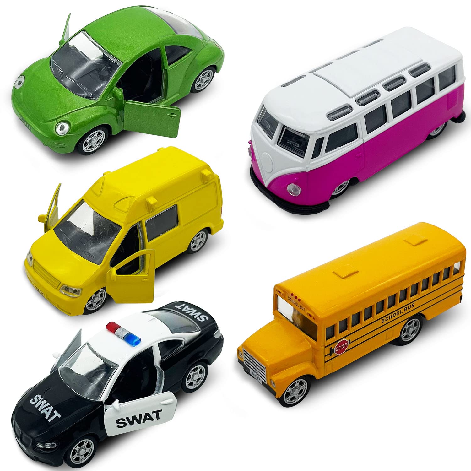weilaga 5 Pack Die-cast Pull Back Vehicles,Mini Alloy Metal Models Car Toys,School Bus,Police Car with Openable Doors for Kids Boys Girls