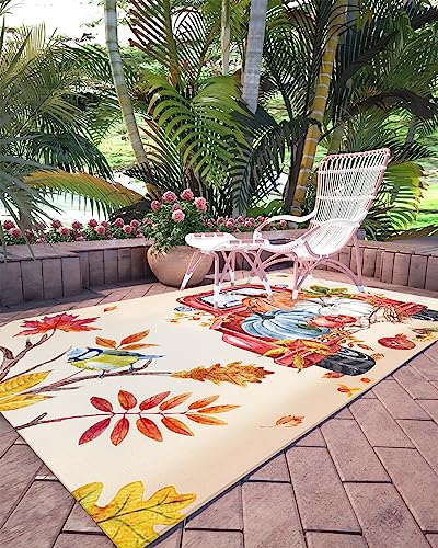 Thanksgiving Fall Large Rectangular Area Rugs 5' x 7' Living Room, Durable Non Slip Rug Carpet Floor Mat for Bedroom Bedside Outdoor Farmhouse Red Truck Pumpkin Leaves Autumn