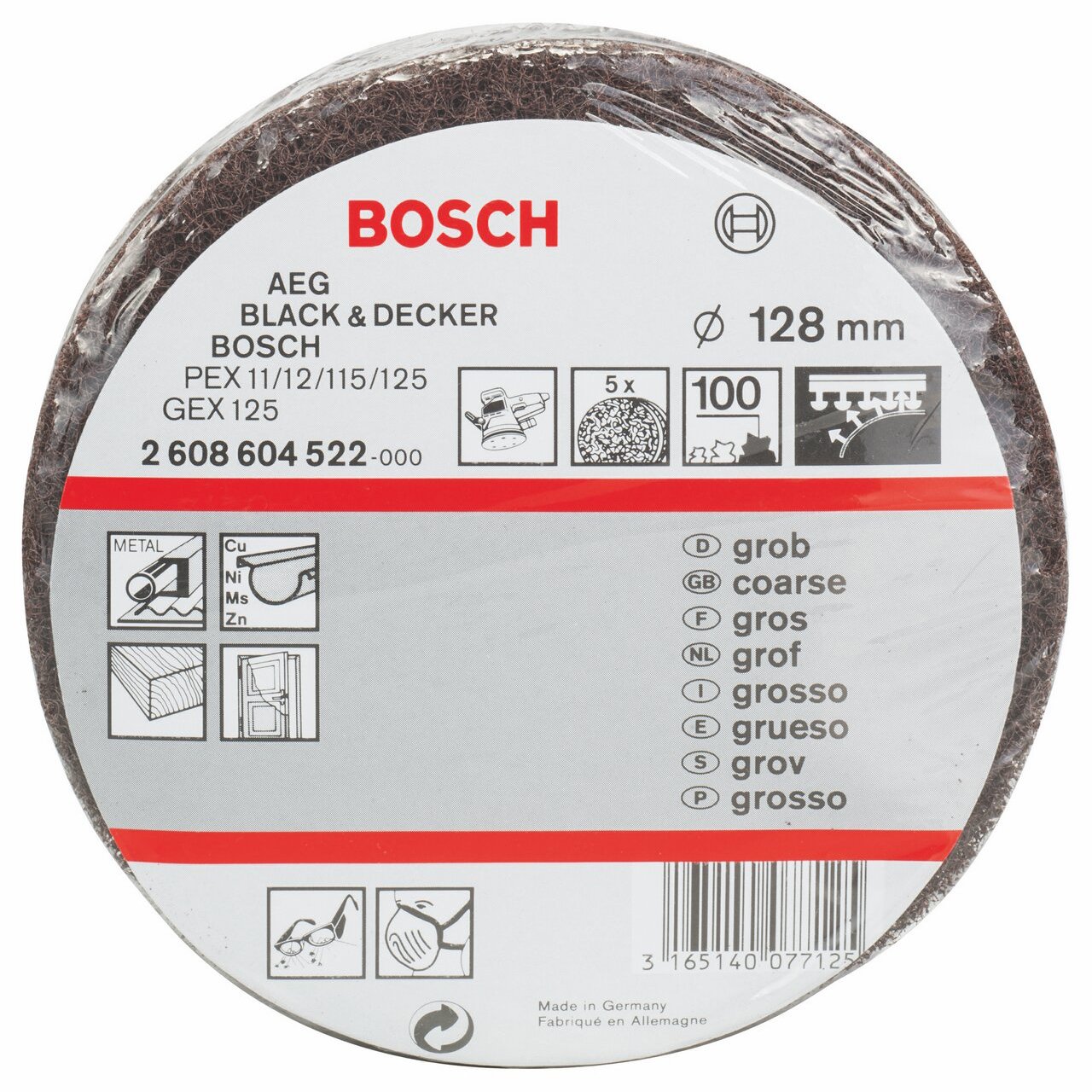 Bosch 2608604522 Sanding Cloth, 4.9 inches (125 mm), 100, Coarse (5 Sheets)