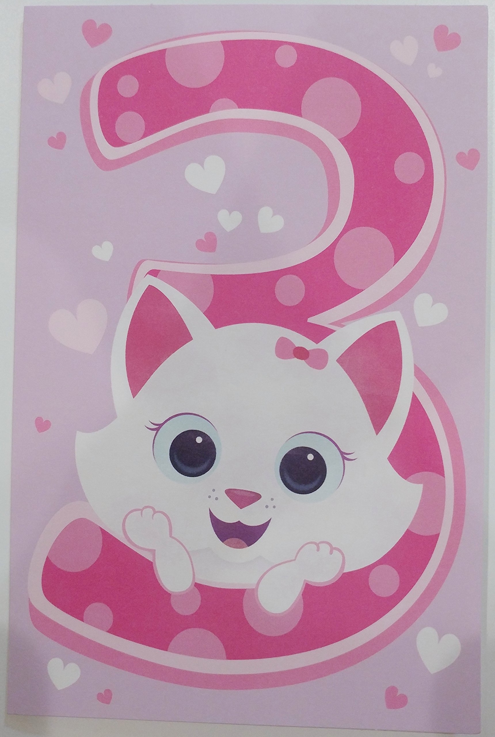 Happy Birthday 3 Years Old Greeting Card - Third Three 3rd Pink Cat Darling