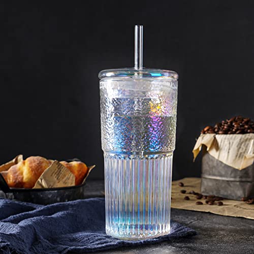 QWEZXO High Borosilicate Glass Cups With Lids and Glass Straws,20 OZ Rainbow Iced Coffee Water Tumbler Smoothie