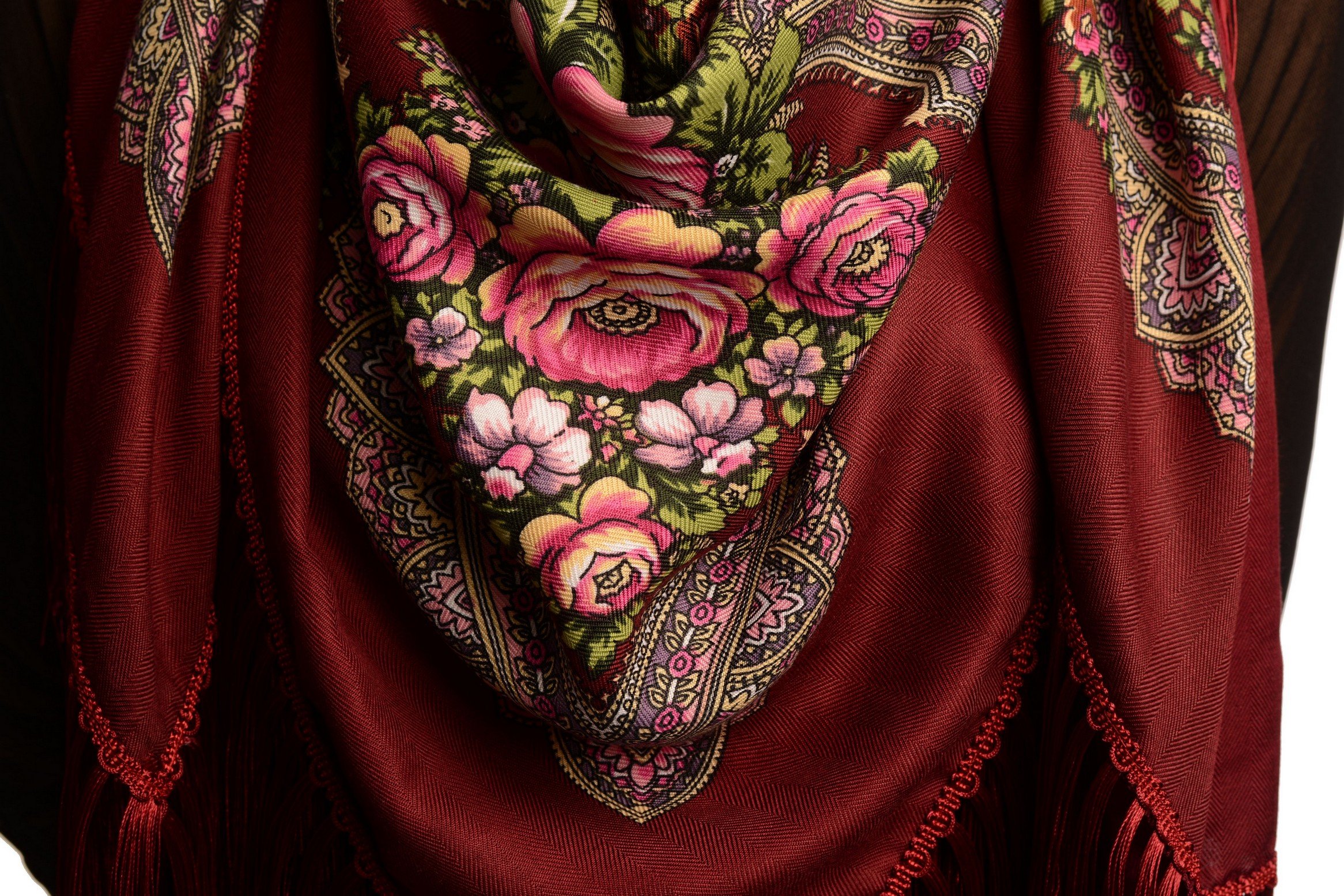 LissKiss Burgundy Plyaski Slavonic Russian Folk Style Shawl - Scarf