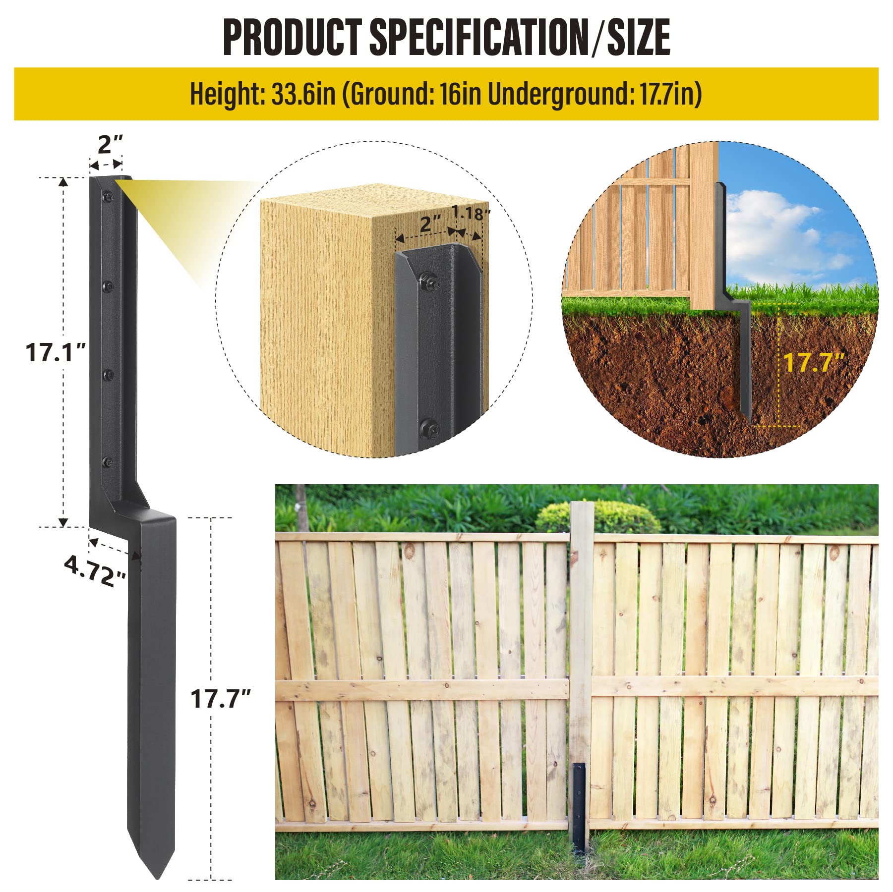 Epcee Heavy Duty Steel Fence Post Repair Stakes, Fence Post Anchor Ground Spike, for Repair Tilted/Broken Wood Fence Post (4 Pack/Black)