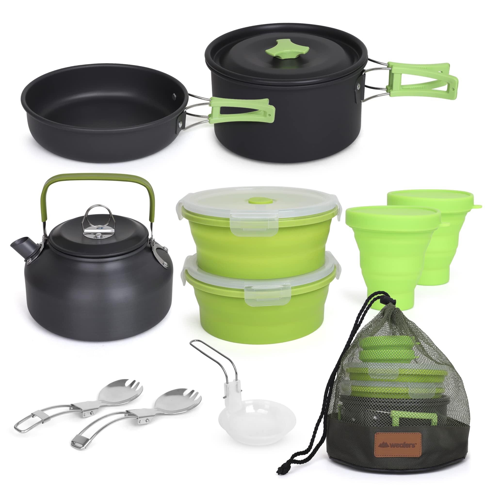 Camping Cookware & Dinnerware Set- 10 Pieces Aluminum Pots and Pans Set with Silicon Clapsable Bowls, Foldable Sporks in Travel Mesh Bag for Camping, Trekking, Backyard Picnic & Backpacking Gear