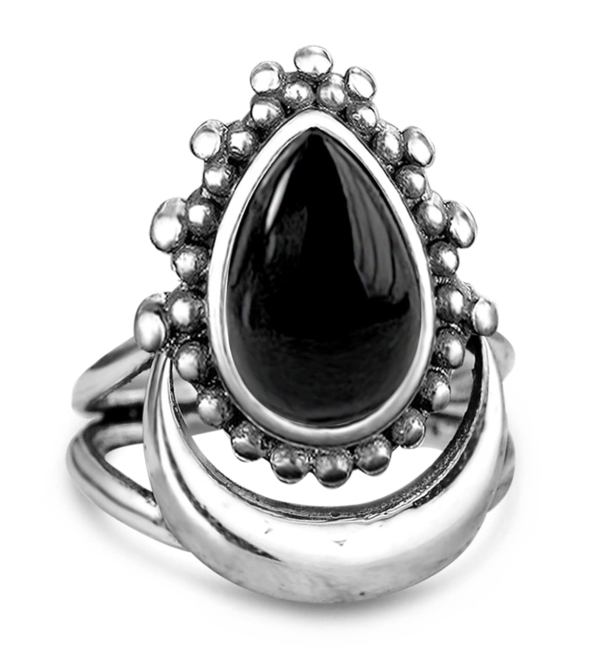 DALEGEM Natural Black Onyx Agate Stone Quartz Crystal Ring for Women,S925 Sterling Silver Waterdrop Shaped Gemstone Crescent Moon Boho Statement Ring Jewelry (Ring_Black, 10)