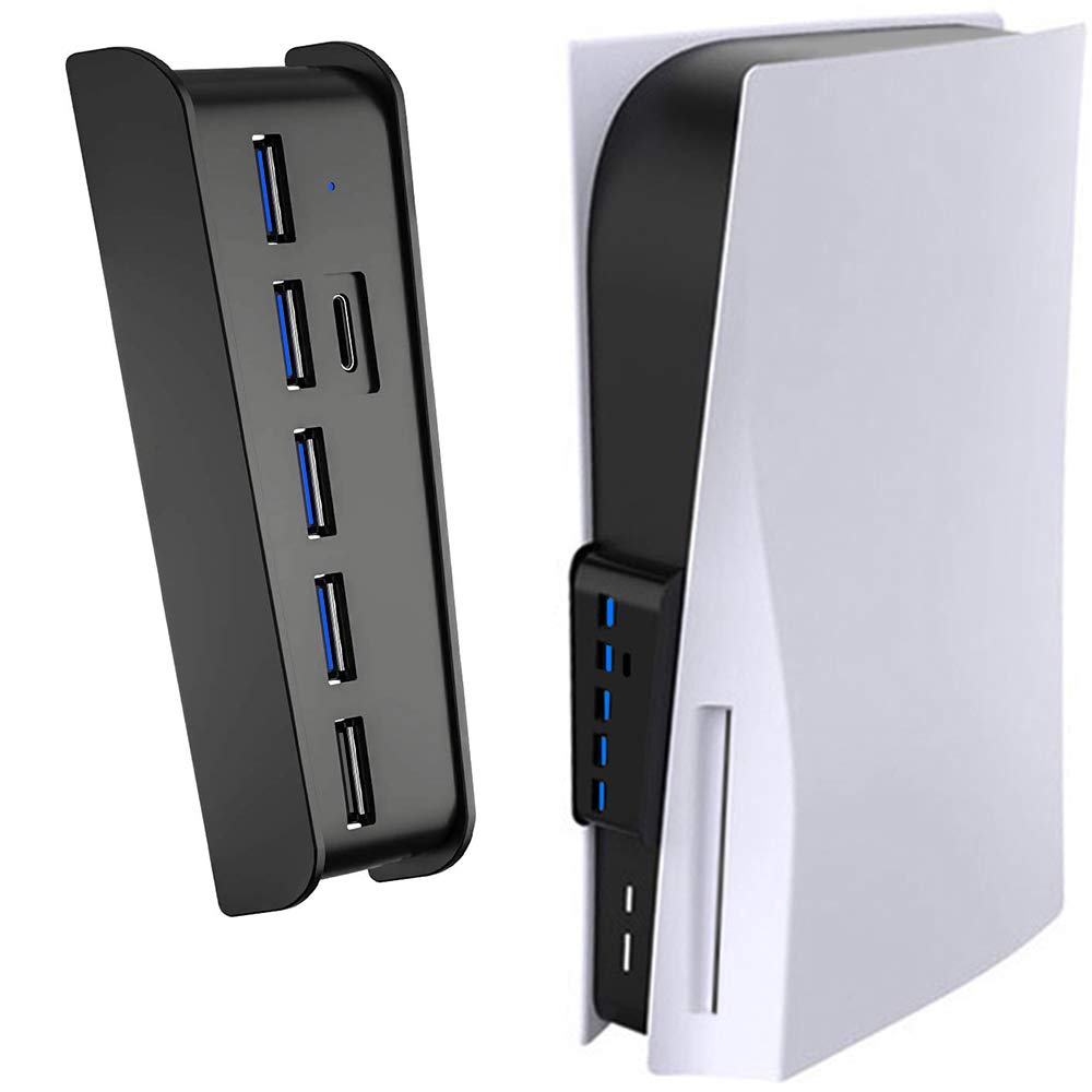 USB Port Hub for PS5, 5 Port USB Extender High-Speed Transmission Expansion Adapter Converter Splitter with 4 USB 2.0 Port+1 USB Charging Port+1 Type C 3.1 Port for PlayStation 5 Gaming Console-Black