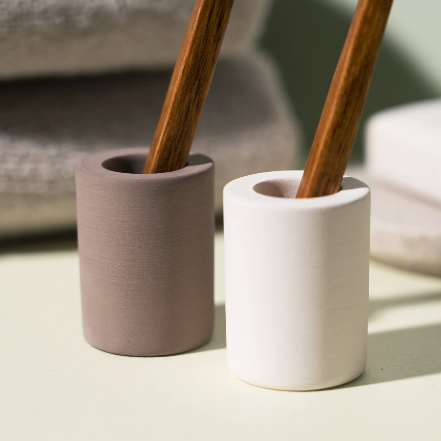 Dr.NOAH Ceramic Toothbrush Holder (2 Pack) & Maru Bamboo Toothbrush, Compact (6 Pack) | Diatomite Fast Drying Toothbrush Holders for Bamboo Toothbrushes