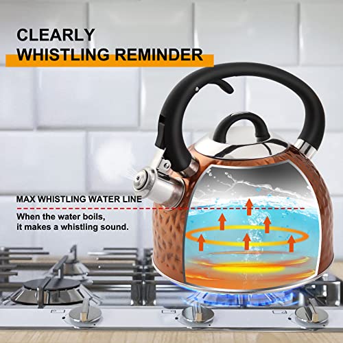 HRHongRui Copper Tea Kettle Stainless Steel Teapot Whistling Kettle Unique Button Control Kettle Outlet Loud Whistle Food Grade Teapot 3.2 Quart / 3 Liter Bronze