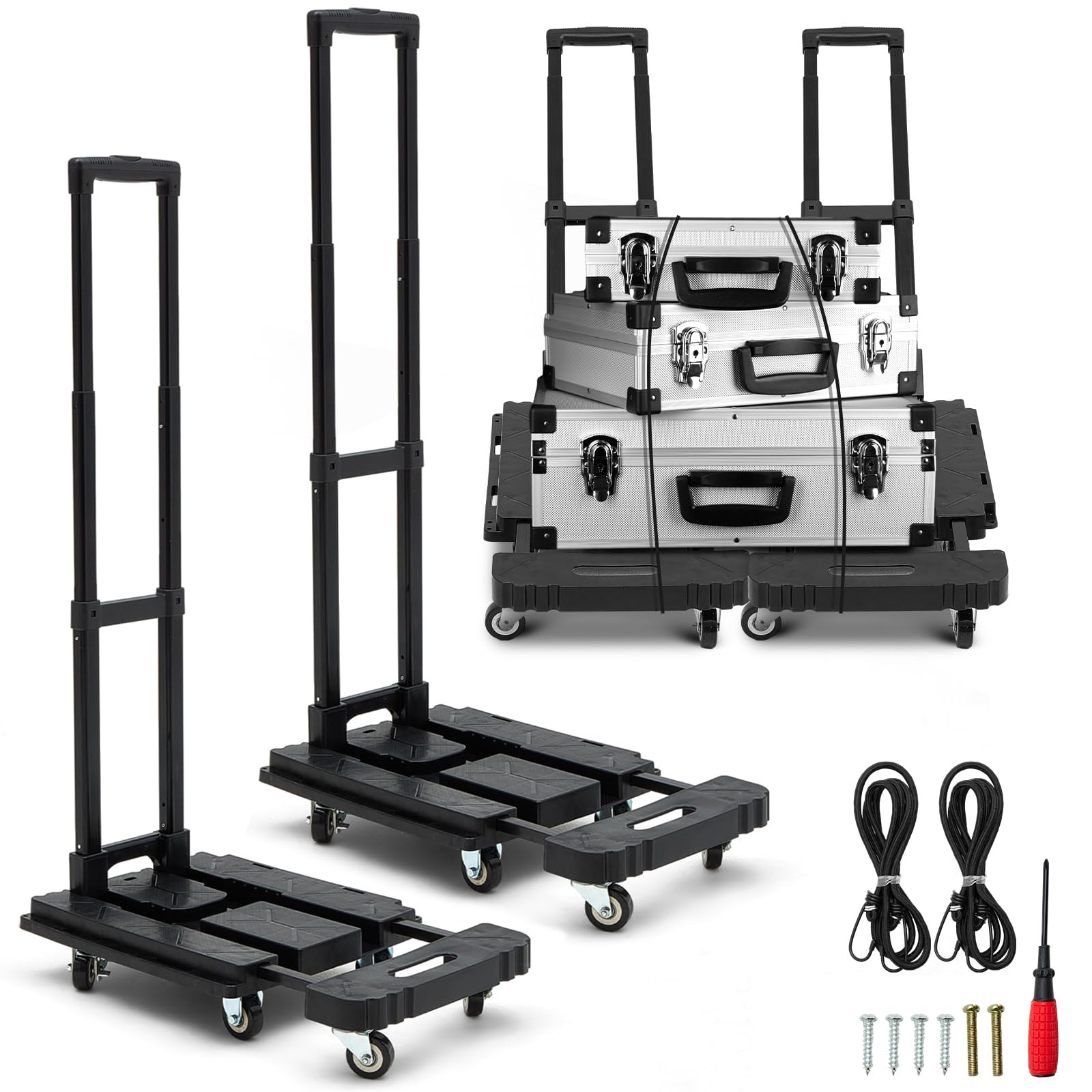Datanly 2 Pcs Combinable Folding Hand Truck Dolly Cart 660 lb Portable Heavy Duty Dolly Cart with 6 Rotate Wheels 2 Bungee Cord Adjustable Handle Moving Platform for Luggage Travel Shopping Office