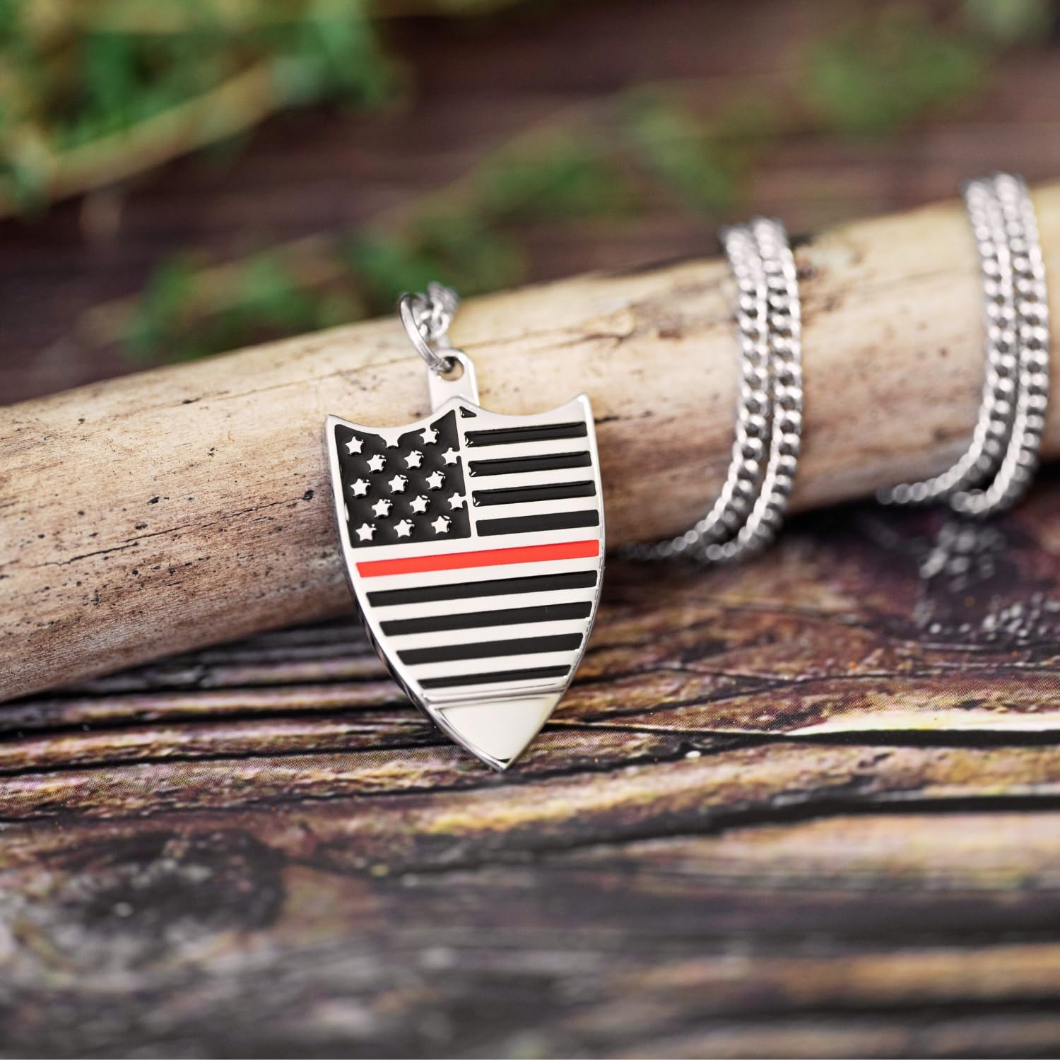 Choty - Shotgun Necklace - Silver USA Red Line - Chain and Pouch Included - 316L Stainless Steel