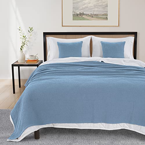 HILLFAIR 100% Cotton Blanket with 2 Throw Pillow Cover 18x18 Inch - 102x108 Inch California King Size Bed Blankets- Soft Breathable Blanketsā Extra Large Oversized Cotton Blankets- Blue Bed Blankets