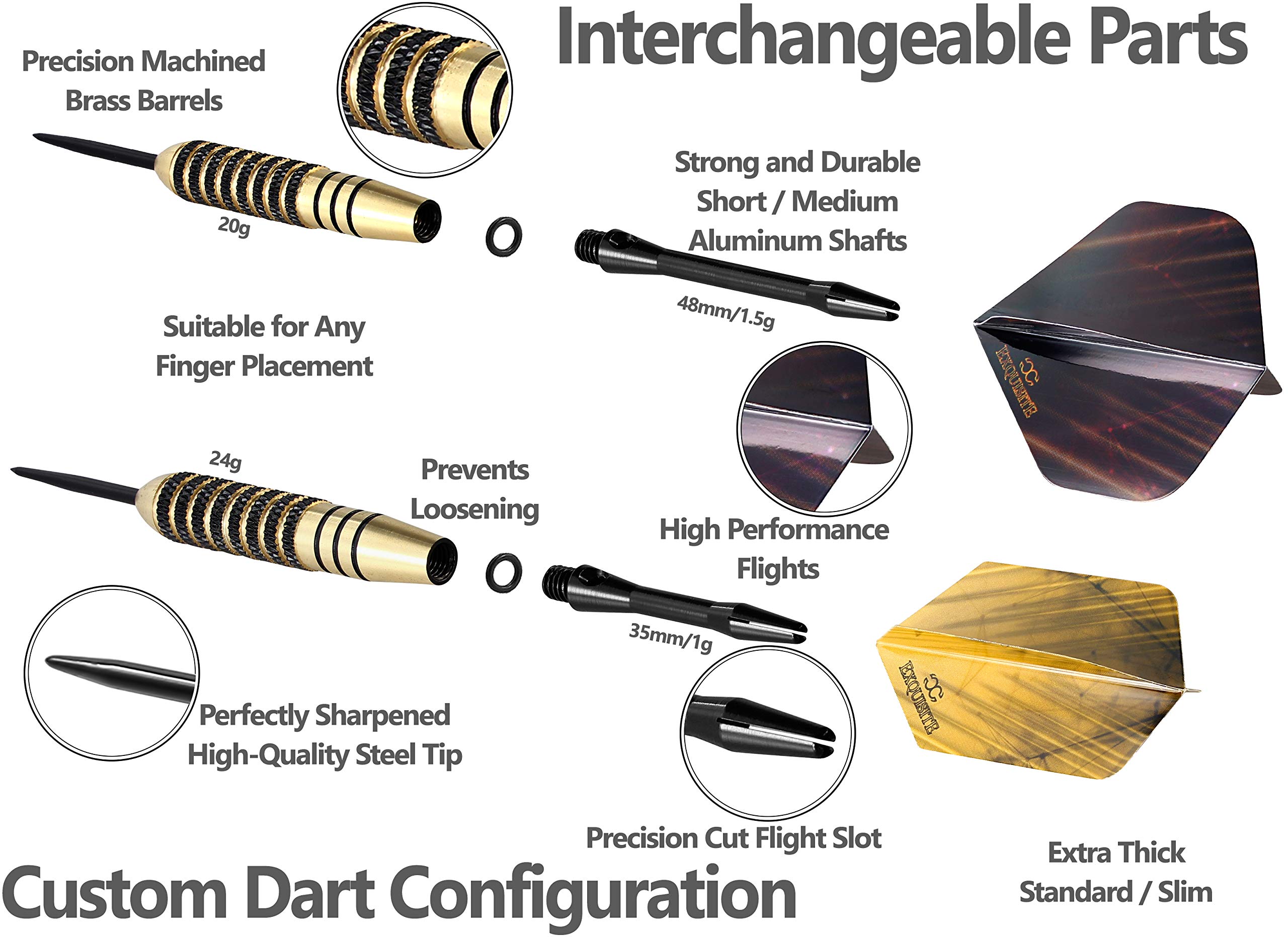 CC-EXQUISITE Premium Steel Tip Darts Set - Professional Darts, Brass Barrels, Metal Tip Darts, Extra Flights, (12) Aluminum Shafts 35/48, O-Rings, Dart Tool, Dart Sharpener, Darts Case