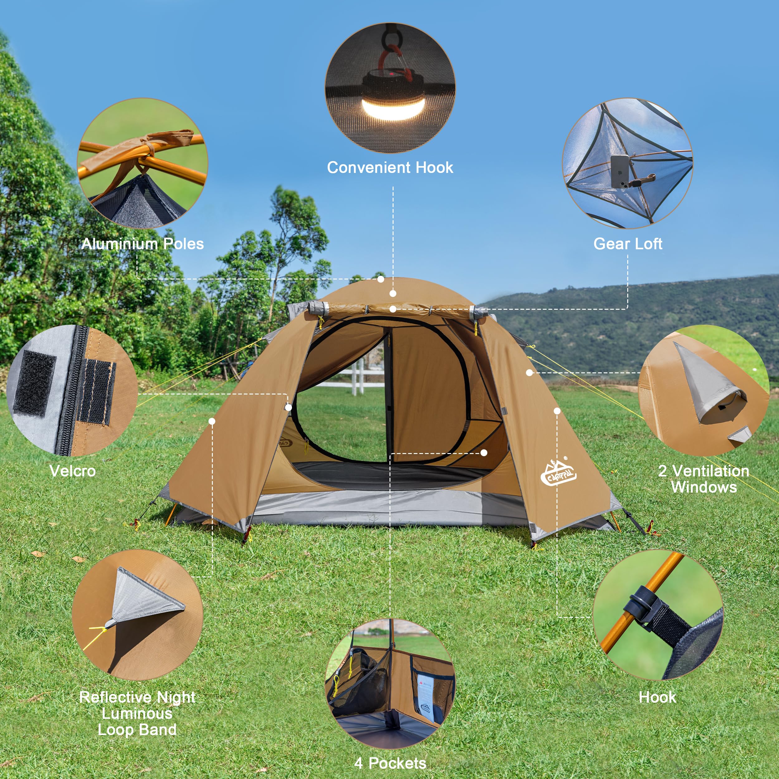 Camppal 2-3 Person Tent Backpacking Tent, Waterproof Windproof 4 Season Tent for Camping, Easy Setup Two Person Tent for Backpacking, Hiking, Hunting, Motor Cycling & Biking