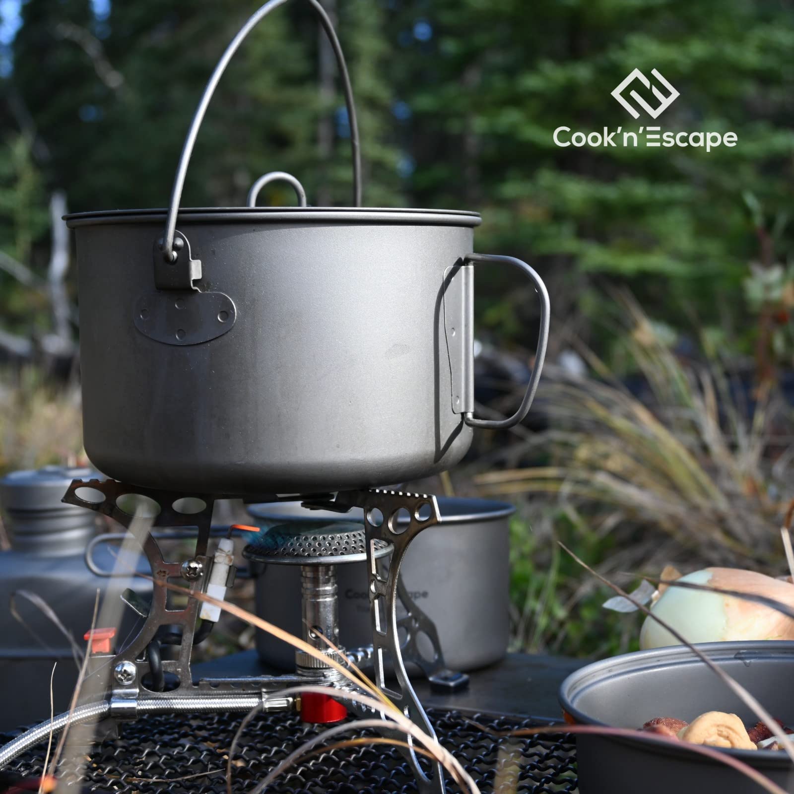 COOK'N'ESCAPE 1950ml Titanium Hanging Pot Camping Cooking Pot, 2 in 1 Ultralight Cookware Pot and Pan Set with Folding Handle for Outdoor Cookset Open Over Fire Hiking Backpacking
