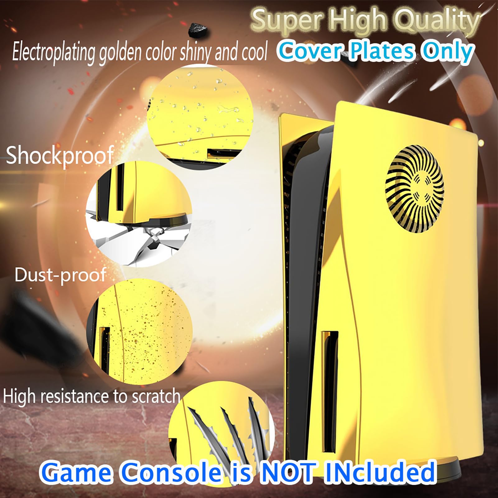 Custom for PS5 Cover Plates Faceplate Plated Gold w/ Multicolor Lights Replacement, Compatible with for PlayStation 5 Disc Edition Consoles, DIY Protective Shells + Cooling Window & Dust Mesh